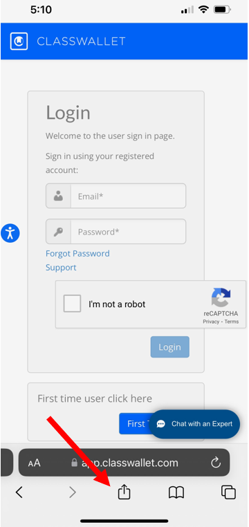 ClassWallet App in Mobile Browser