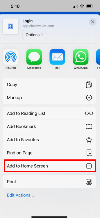 ClassWallet App in Mobile Browser
