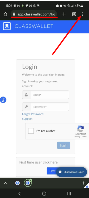 ClassWallet App in Mobile Browser
